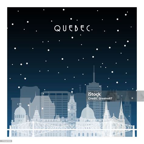 퀘벡의 겨울 밤 배너 포스터 일러스트 레이션 배경에 대한 평면 스타일의 밤 도시입니다 퀘벡에 대한 스톡 벡터 아트 및 기타 이미지 Istock