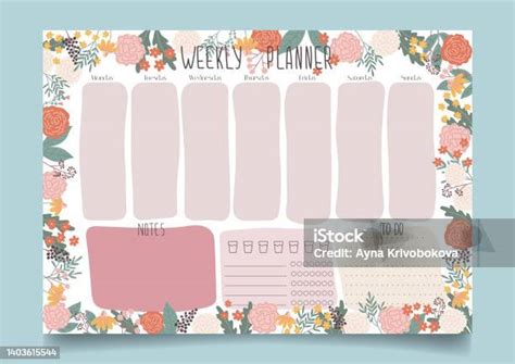 꽃 디자인으로 벡터 주간 플래너 템플릿 메모 할 일 습관 및 물 추적기를위한 공간이있는 플래너 수첩에 대한 스톡 벡터 아트 및 기타 이미지 Istock