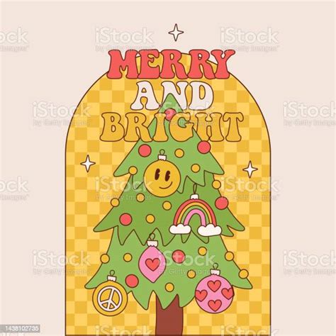 그루비하고 밝은 카드 템플릿은 복고풍 히피 공과 장난감이 있는 빈티지 크리스마스 트리가 있는 크리스마스입니다 체크 무늬 배경에 선형 벡터 그림입니다 2022년에 대한 스톡