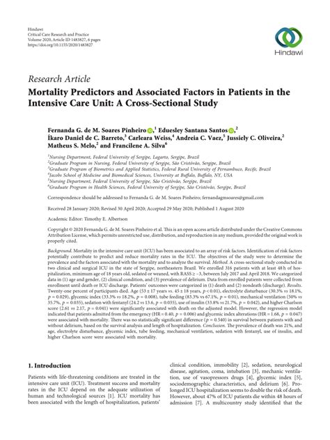 Pdf Mortality Predictors And Associated Factors In Patients In The Intensive Care Unit A
