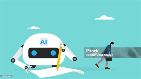 Ai 대 인간 미래 대체 갈등을 설명하는 데 적합한 Ai 로봇으로 대체되어 일자리를 잃는 인간을 컨셉으로 한 Ai 로봇과 사업가 일러스트 개념에 대한 스톡 벡터 아트 및