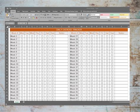 Exercise Tracker With Checkboxes Excel Spreadsheet Printable Editable Etsy