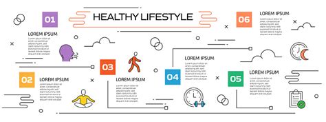 건강한 라이프 스타일 관련 프로세스 인포 그래픽 템플릿 프로세스 타임라인 차트 선형 아이콘이 있는 워크플로 레이아웃 건강한 생활