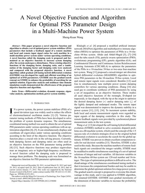 Pdf A Novel Objective Function And Algorithm For Optimal Pss Parameter Design In A Multi