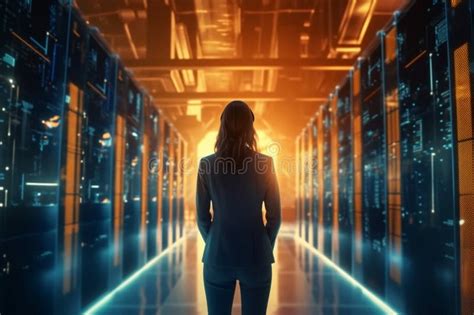 Successful Female Data Center It Specialist Using Tablet Computer Turning Augmented Vfx