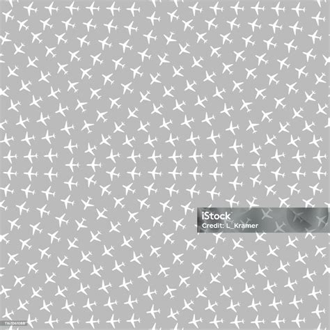 회색 배경에 작은 흰색 비행기 실루엣에서 벡터 유머 원활한 팬 모양의 패턴입니다 항공 벽지 여행 포장지 바틱 유치한 항공기 섬유