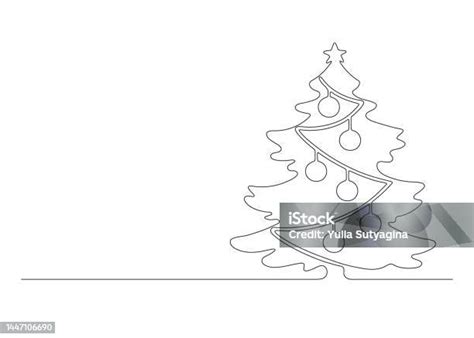 장식 공 연속 한 선 그리기 실루엣이 있는 크리스마스 전나무 휴일 크리스마스와 새해를위한 가문비 나무는 미니멀리스트 스타일의