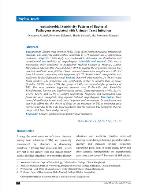 Pdf Antimicrobial Sensitivity Pattern Of Bacterial Pathogens Associated With Urinary Tract