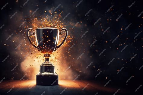 어두운 배경에 색종이 조각이 떨어지는 화염 황금 챔피언 컵이 포함된 Generative Ai 우승자 트로피 프리미엄 사진