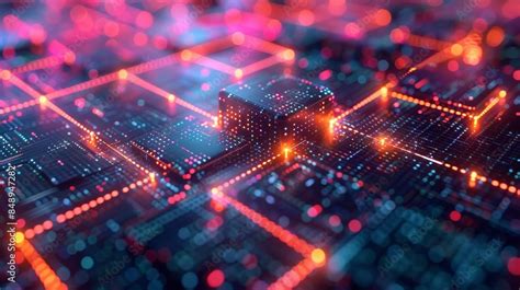 Futuristic Blocks Connected By Glowing Lines Of Blue And Orange Neon Colors Blockchain