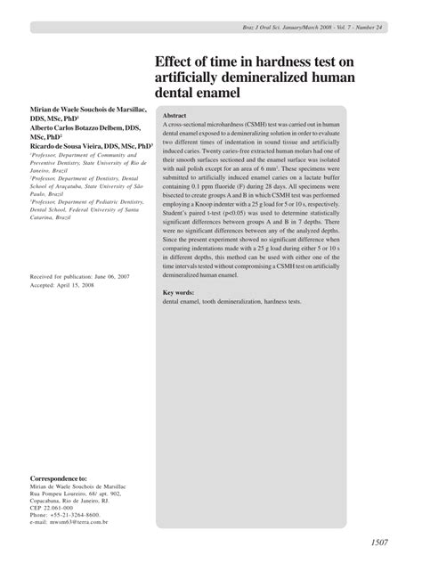 Pdf Effect Of Time In Hardness Test On Artificially Demineralized Human Dental Enamel
