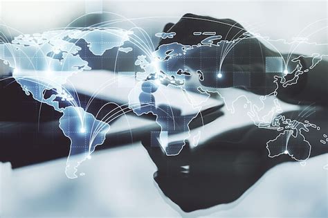 Premium Photo Abstract Graphic Digital World Map With Connections And Finger Presses On A