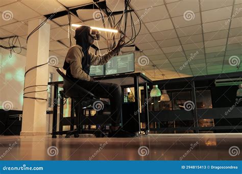 Hacking Of Database With Admin Access Side View Of Hacker Hands In Gloves Typing Malicious Code