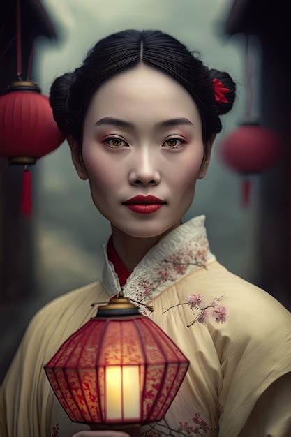Primer Plano De Una Joven China Vestida De Geisha Celebrando El