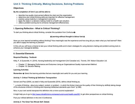 unit 3 thinking critically making decisions solving problems unit