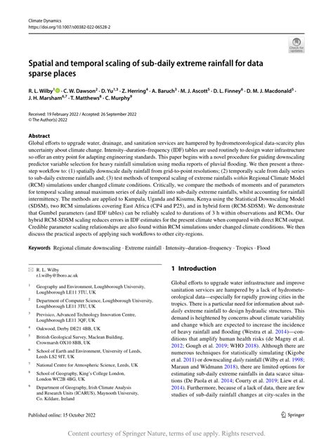 Pdf Spatial And Temporal Scaling Of Sub Daily Extreme Rainfall For Data Sparse Places