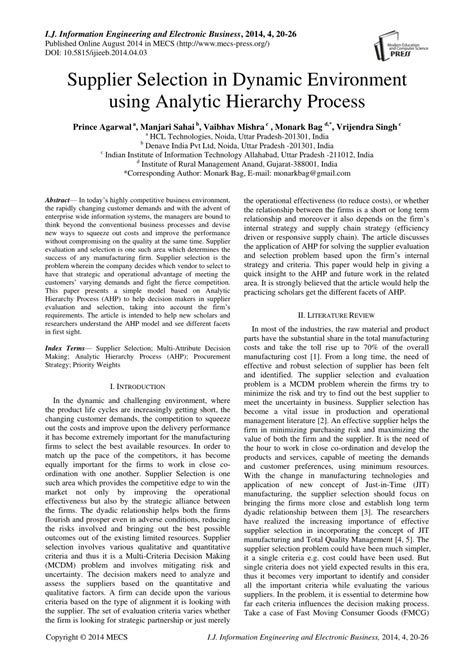 Pdf Supplier Selection In Dynamic Environment Using Analytic