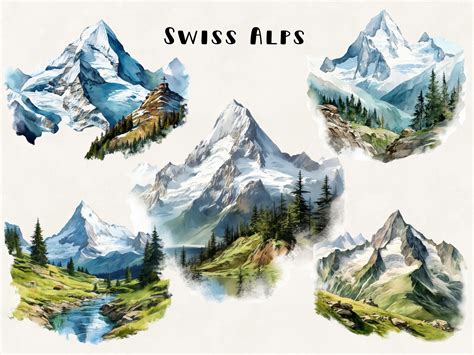 Swiss Alps Watercolor Clipart Commercial Digital Design Bundle Png