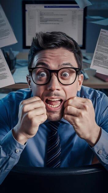 Shocked Nervous Man Bites Finger Nails Stares Through Optical Glasses Premium Ai Generated Image