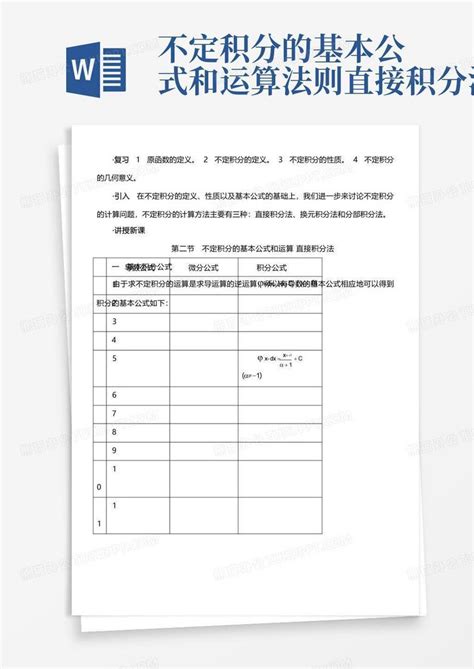 不定积分的基本公式和运算法则直接积分法word模板下载 编号lkgjvvxk 熊猫办公