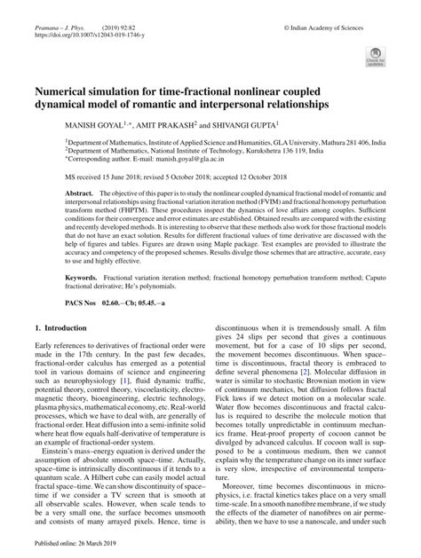 Pdf Numerical Simulation For Time Fractional Nonlinear Coupled Dynamical Model Of Romantic And