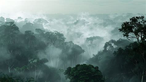 Aerial View Of Misty Rainforest Canopy Landscape With Dense Fog And