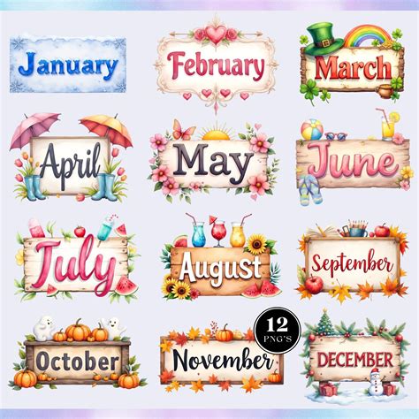 Months Of The Year Watercolor Clipart 12 Months Clipart Bundle