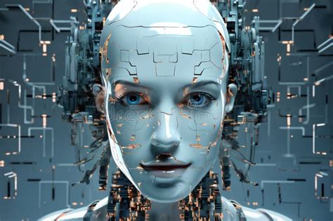 Face Of Female Android Bio Robot Close Portrait Concept Of