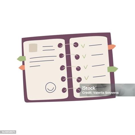 와이어바운드 노트북 메모 스티커 및 책갈피가 있는 일기장 할 일 목록과 웃는 얼굴이 있는 작업에 대한 일일 플래너입니다 흰색 배경에 분리된 평면 만화 벡터 그림 개념에 대한