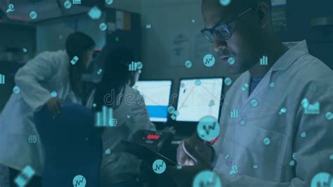 Scientists Analyzing Data With Digital Analytics Animation Overlay In Laboratory Stock Video