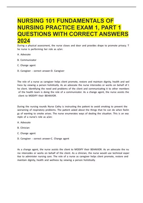 Nursing 101 Fundamentals Of Nursing Practice Exam 1 Part 1 Questions With Correct Answers 2024