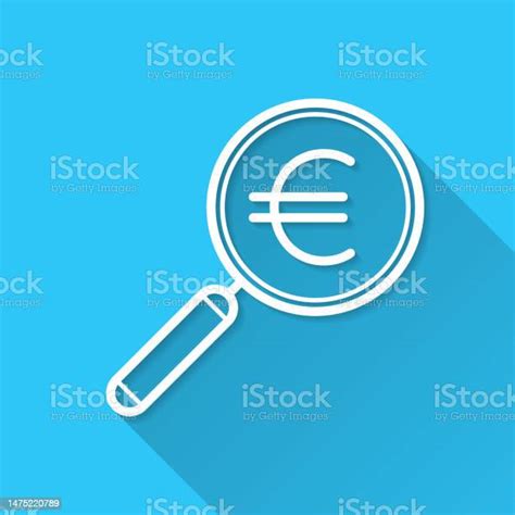 유로 기호가 있는 돋보기 파란색 배경에 아이콘 긴 그림자가 있는 평면 디자인 0명에 대한 스톡 벡터 아트 및 기타 이미지 0명 3차원 형태 개념 Istock