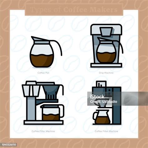 커피 메이커 컬러 아이콘의 유형 설정 및 벡터 일러스트 레이 션6 색 디자인에 대한 스톡 벡터 아트 및 기타 이미지 디자인
