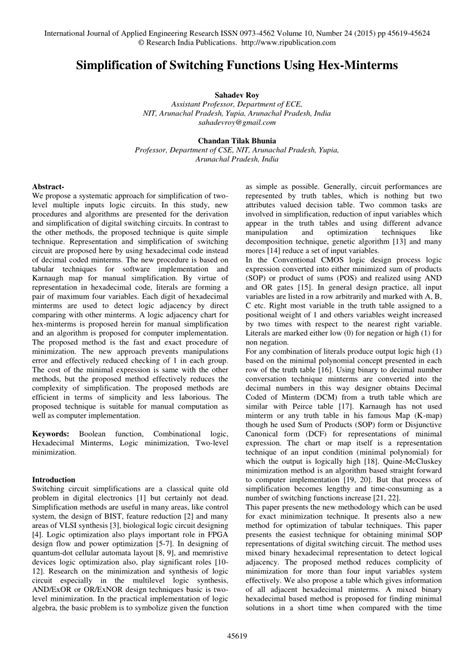 Pdf Simplification Of Switching Functions Using Hex Minterms