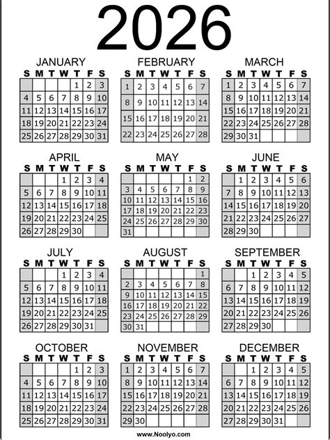Year 2026 Calendar Printable A4 Size Free