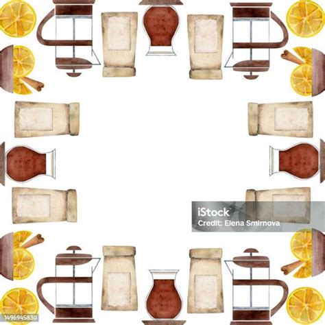 수채화 손으로 그린 그림입니다 찻주전자 터키 유리 컵 종이 봉지 레몬 계피 정사각형 프레임입니다 흰색 배경에 격리되어 있습니다
