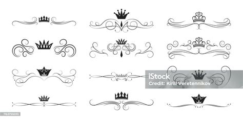 손으로 그린 소용돌이 로얄 텍스트 분배기의 집합입니다 벡터 서예 라인 빈티지 테두리와 웨딩 프레임입니다 벡터 절연 고급 크라운 요소입니다 장식물에 대한 스톡 벡터 아트 및
