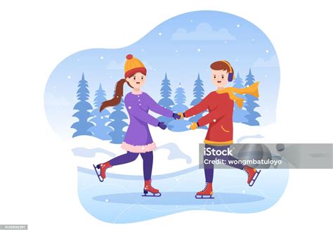 아이스 스케이팅 손으로 그린 만화 계절 겉옷이있는 아이스 링크에서의 겨울 재미 야외 스포츠 활동의 평면 그림 Championship에 대한 스톡 벡터 아트 및 기타 이미지