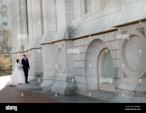 Mormon Couple Married On The Steps Of The Mormon Temple At The Temple Square In Salt Lake City