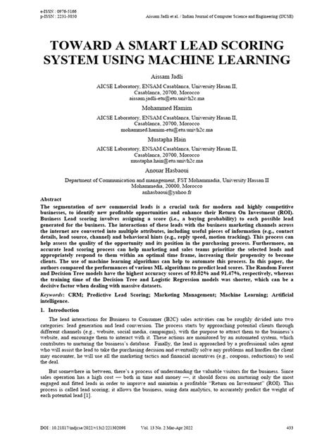 Toward A Smart Lead Scoring System Using Ml Pdf Machine Learning