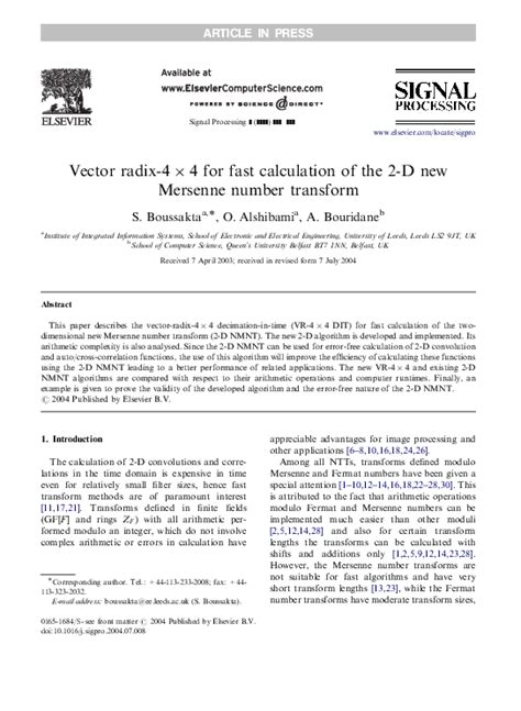 Pdf Vector Radix 4× 4 For Fast Calculation Of The 2 D New Mersenne
