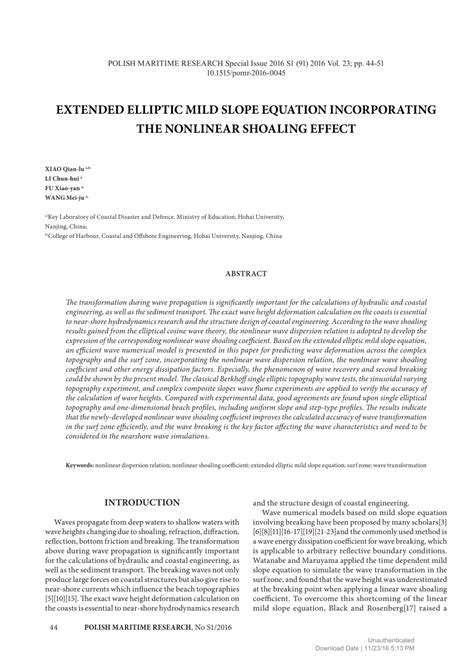 Pdf Extended Elliptic Mild Slope Equation Incorporating The Nonlinear Shoaling Effect