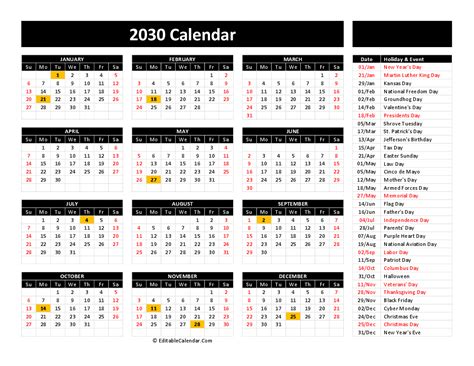 Free Printable Calendar 2030 Word Pdf Excel
