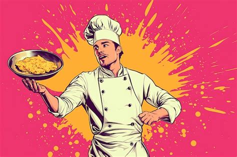 proud chef holding up a pan of food with a colorful background premium ai generated image