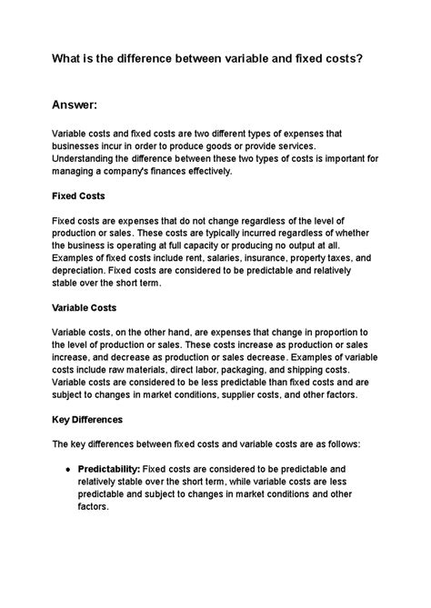 What Is The Difference Between Variable And Fixed Costs What Is The