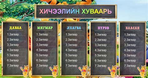 Бага ангийн хичээлд хэрэглэх бэлэн загвар Хичээлийн хуваарь