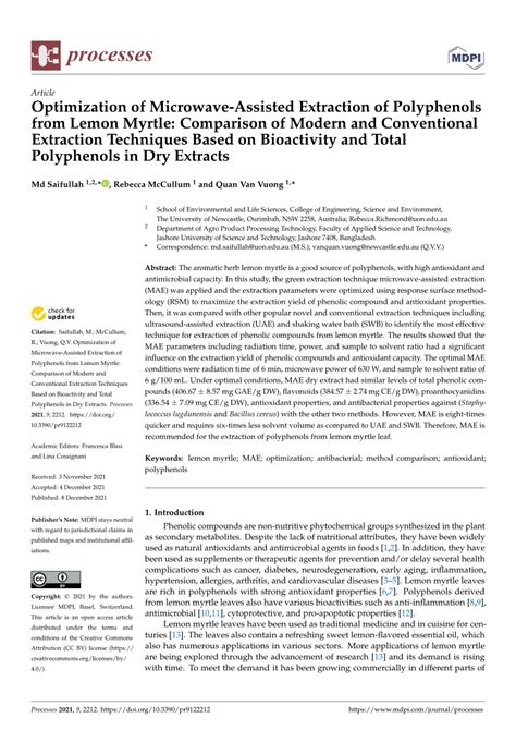 Pdf Optimization Of Microwave Assisted Extraction Of Polyphenols From Lemon Myrtle Comparison