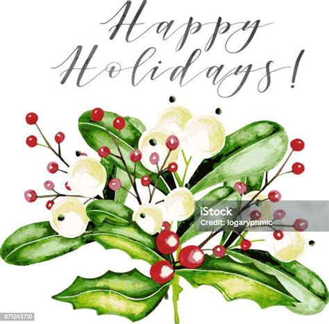 수채화 벡터 일러스트입니다 Guelder 로즈와 미 슬 토 홀리 졸리 크리스마스 꽃다발 열매 인사말 카드입니다 핸드 그린입니다