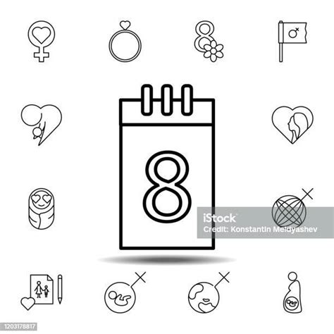 여성의 날 캘린더 아이콘입니다 간단한 얇은 라인 여성의 날의 개요 벡터 요소 Ui 및 Ux 웹 사이트 또는 모바일 응용 프로그램에 대한 설정 8 3 월 아이콘