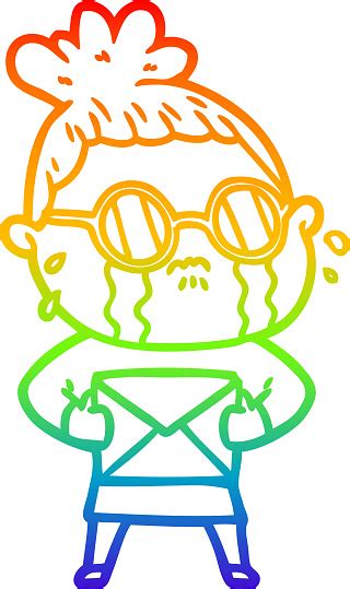 안경을 쓰고 우는 만화 우는 여자의 무지개 그라데이션 선 그림 그라데이션에 대한 스톡 벡터 아트 및 기타 이미지 그라데이션